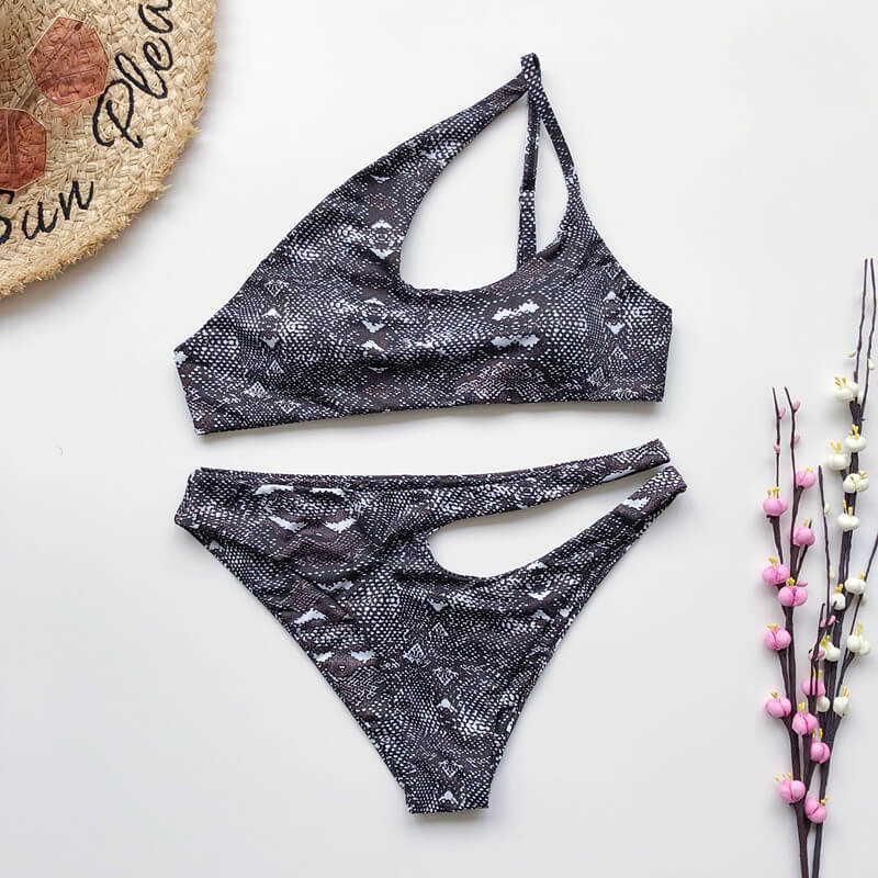 Animal Print One Shoulder Cutout Thong Bottom Bikinis on Luulla