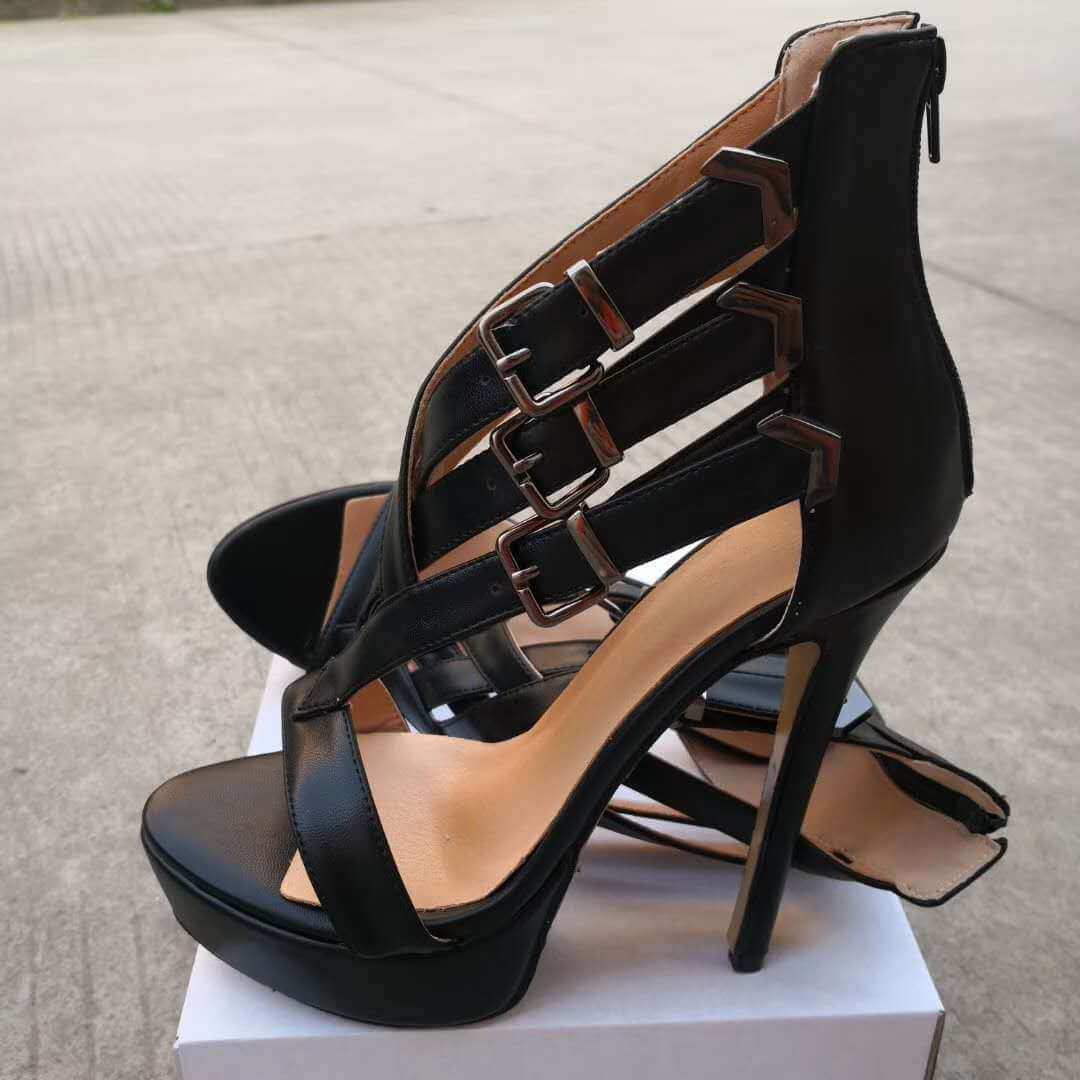 Sexy Black Leather Open Toe Platform Cutout High Heel Sandals on Luulla