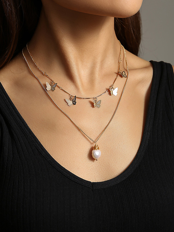 Original Muti-layer Alloy Pearl Butterfly Chains Necklace on Luulla