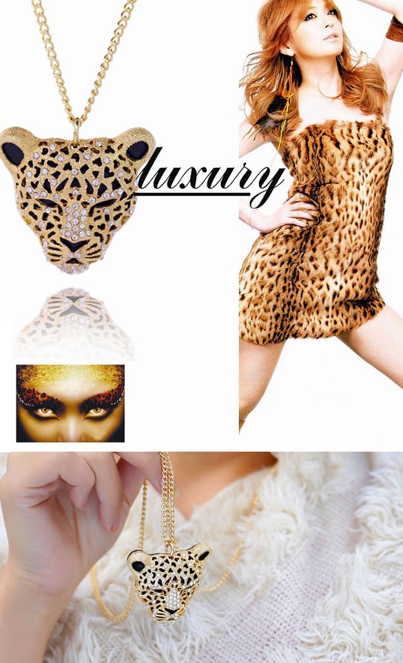 Rhinestone Leopard Tiger Head Chain Necklace Sweater Golden on Luulla