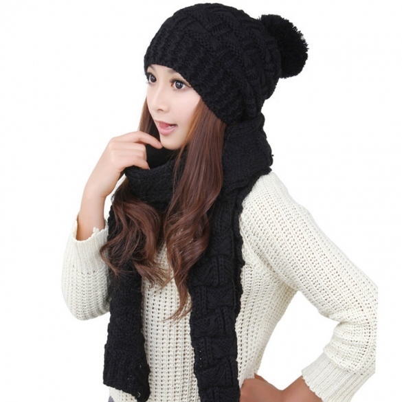 Women's Winter Knitted Scarf And Hat Set Thicken Knitting Skullcaps on ...