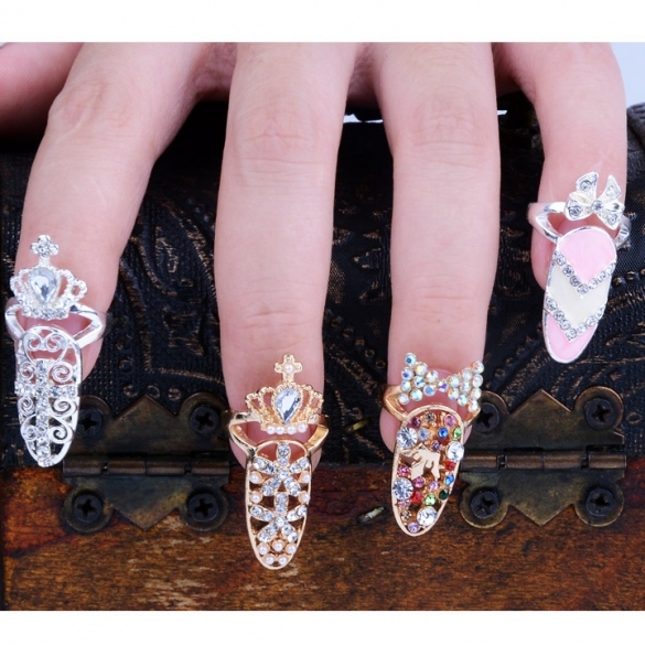 Fashion Bowknot Crystal Finger Nail Art Ring Jewelry Fake Nail Art ...