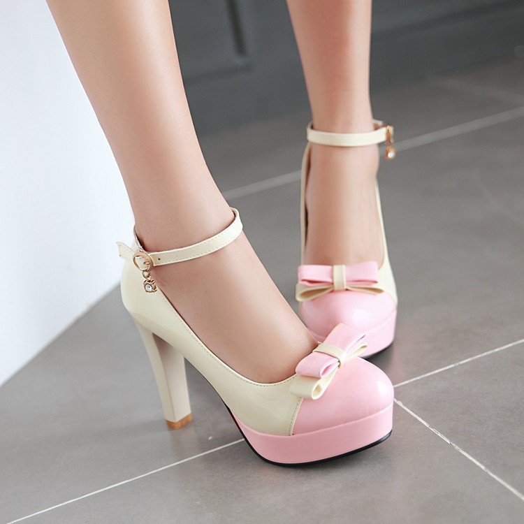 Sweet Bowknot Chunky Heel Shallow Single Shoes on Luulla