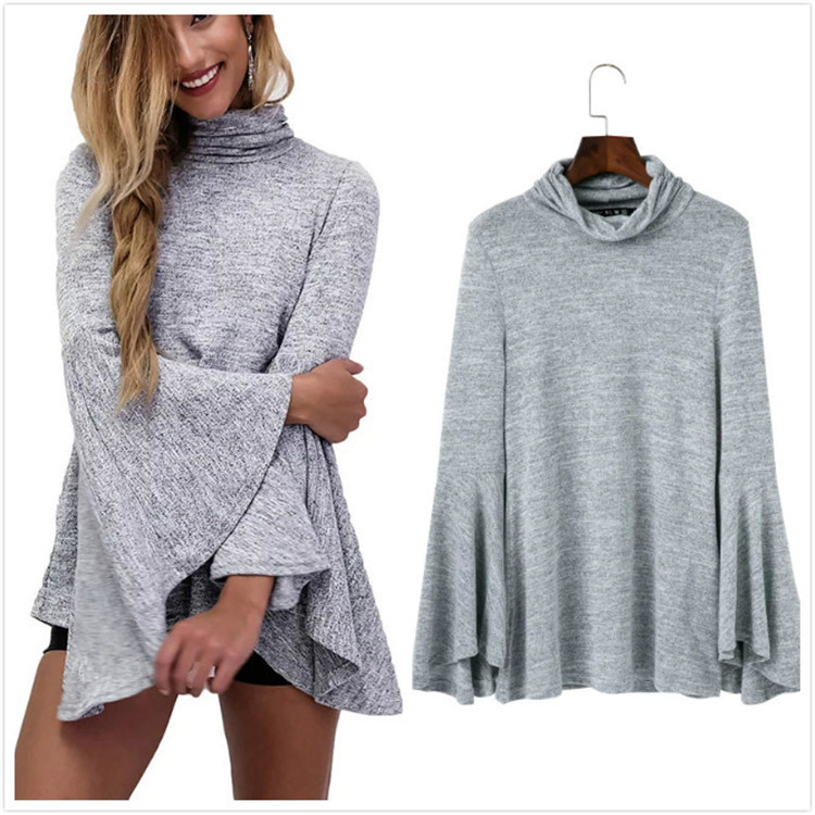 Bell Sleeve Back Slitting High Neck Sweater on Luulla